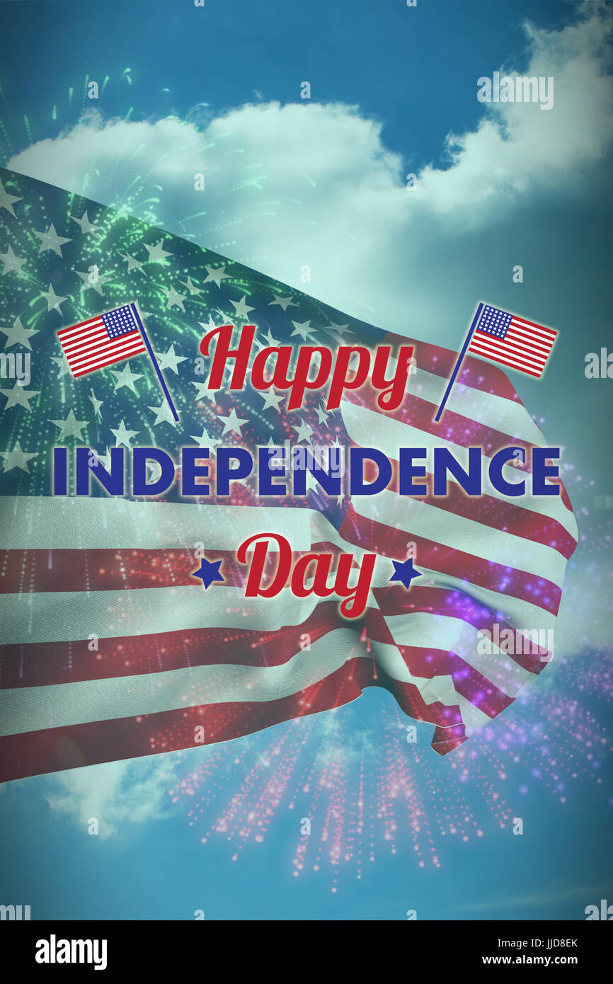 Happy Independence day text with American flags against colourful ...