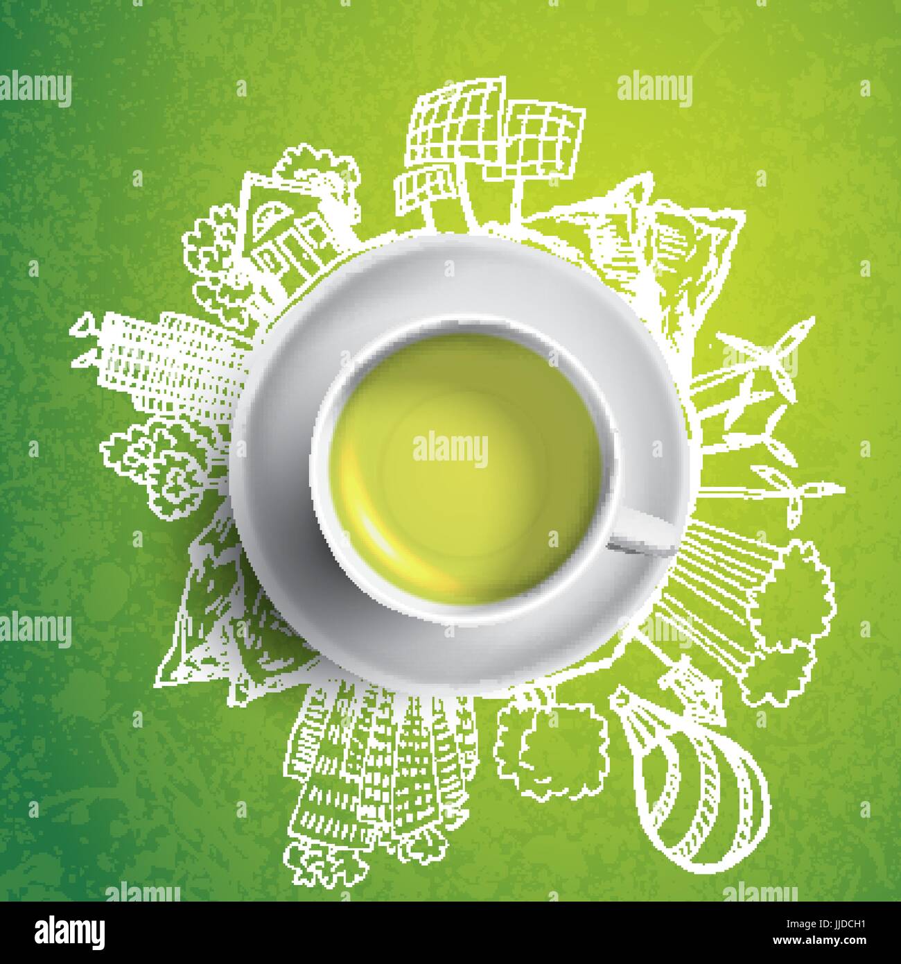 Green tea with circle ecology doodles. Sketched eco elements with cup ...