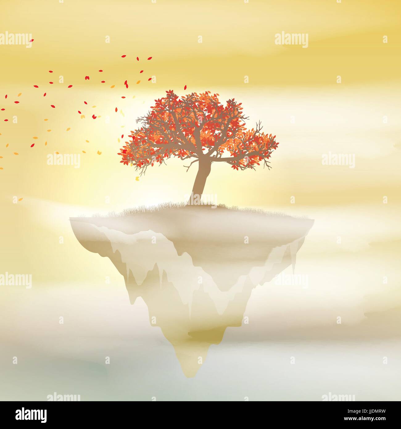 Floating Island with Tree in Clouds- Vector Illustration Stock Vector ...