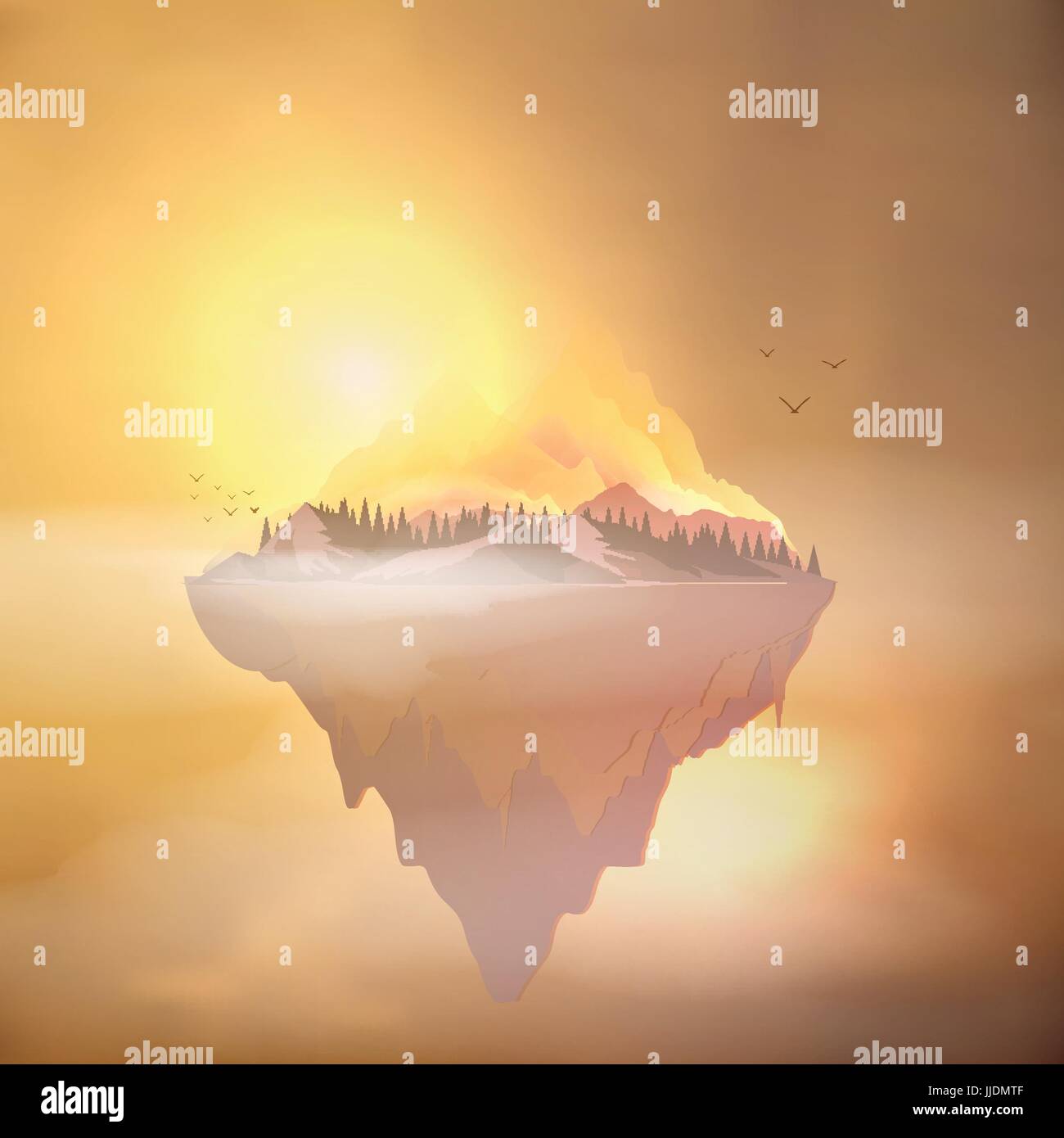 Floating Island Mountains with Pine Forest - Vector Illustration Stock ...
