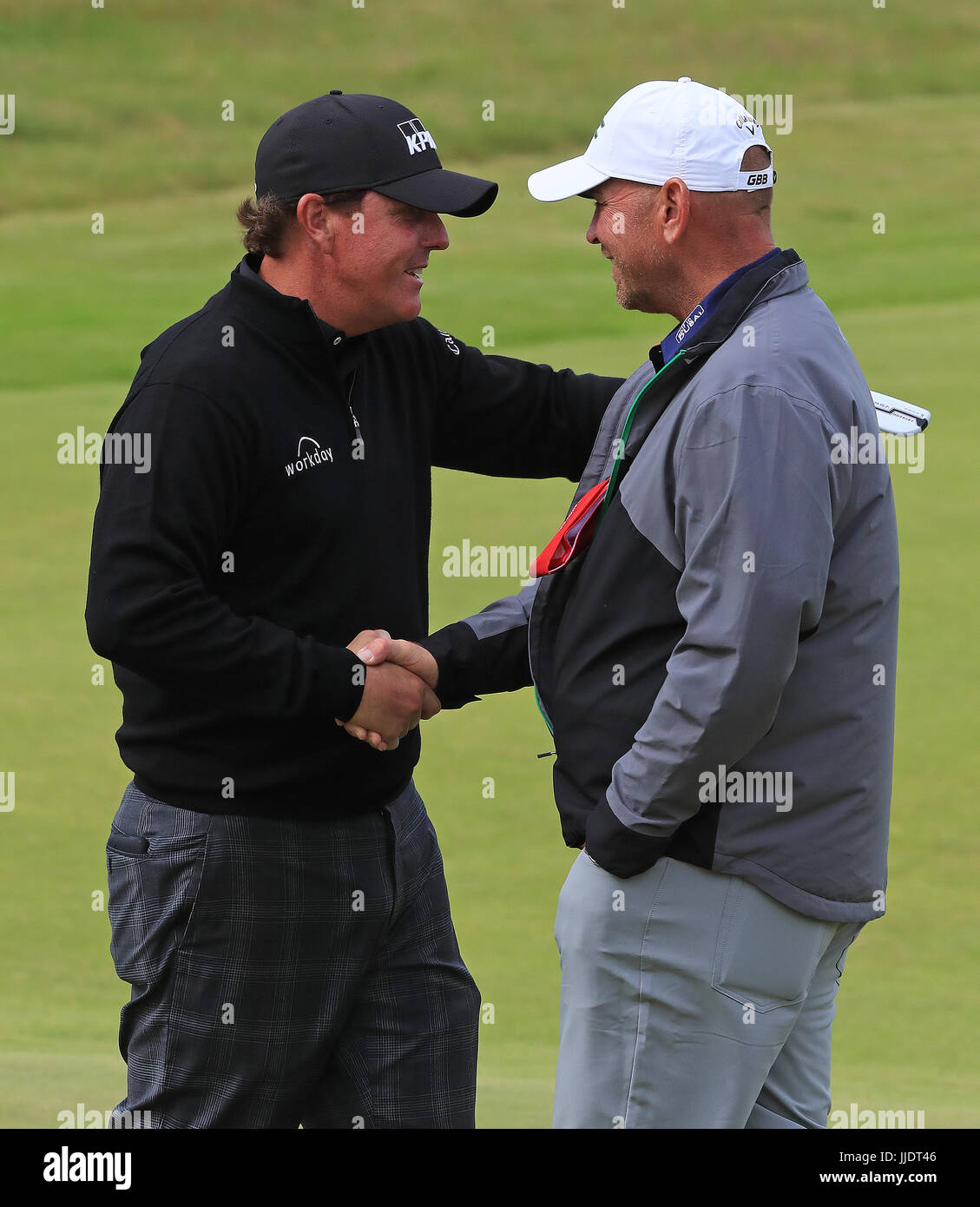 USA's Phil Mickelson speaks with Thomas Bjorn during practice day four ...