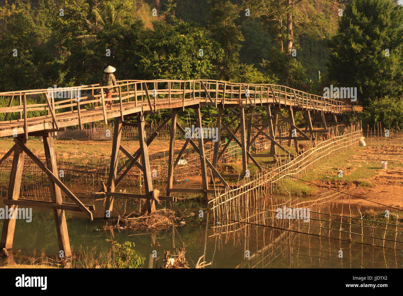 Wooden bridge in the countryside of laos Stock Photo - Alamy