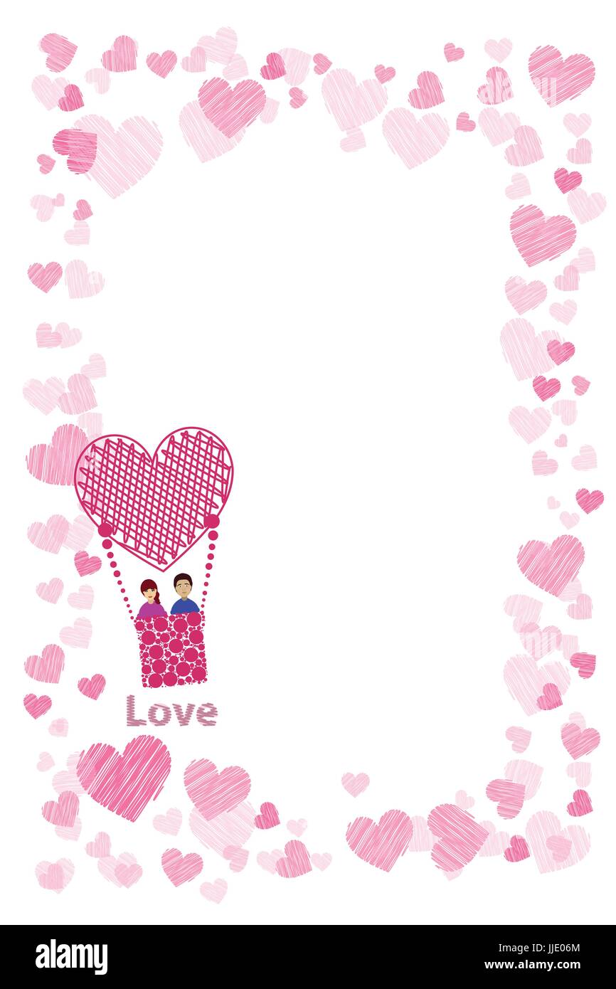Photo frame. Hearts. for lovers. The couple in a balloon is flying up ...