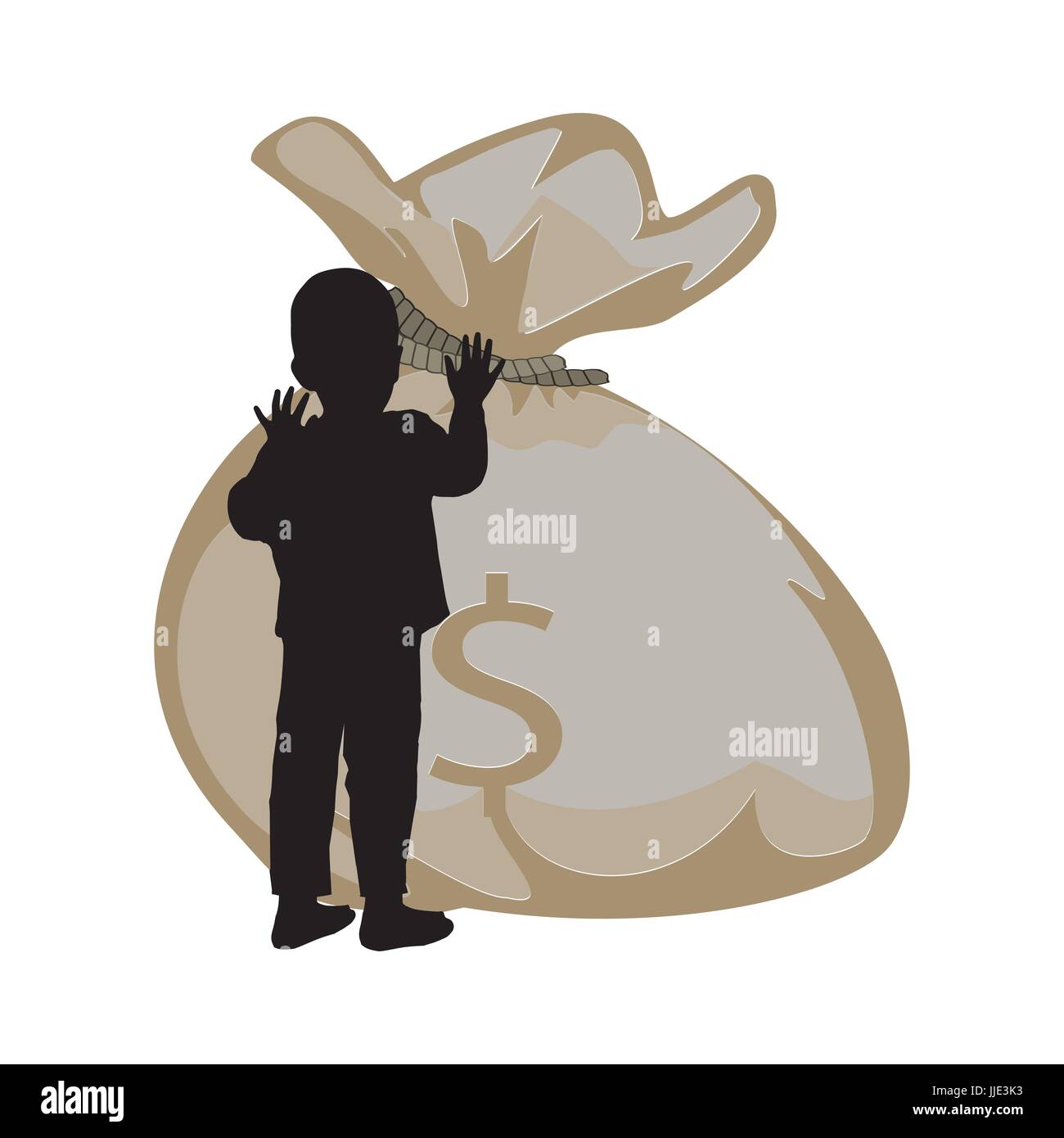 Baby money aids concept. Silhouette of a boy and a bag with big dollars ...