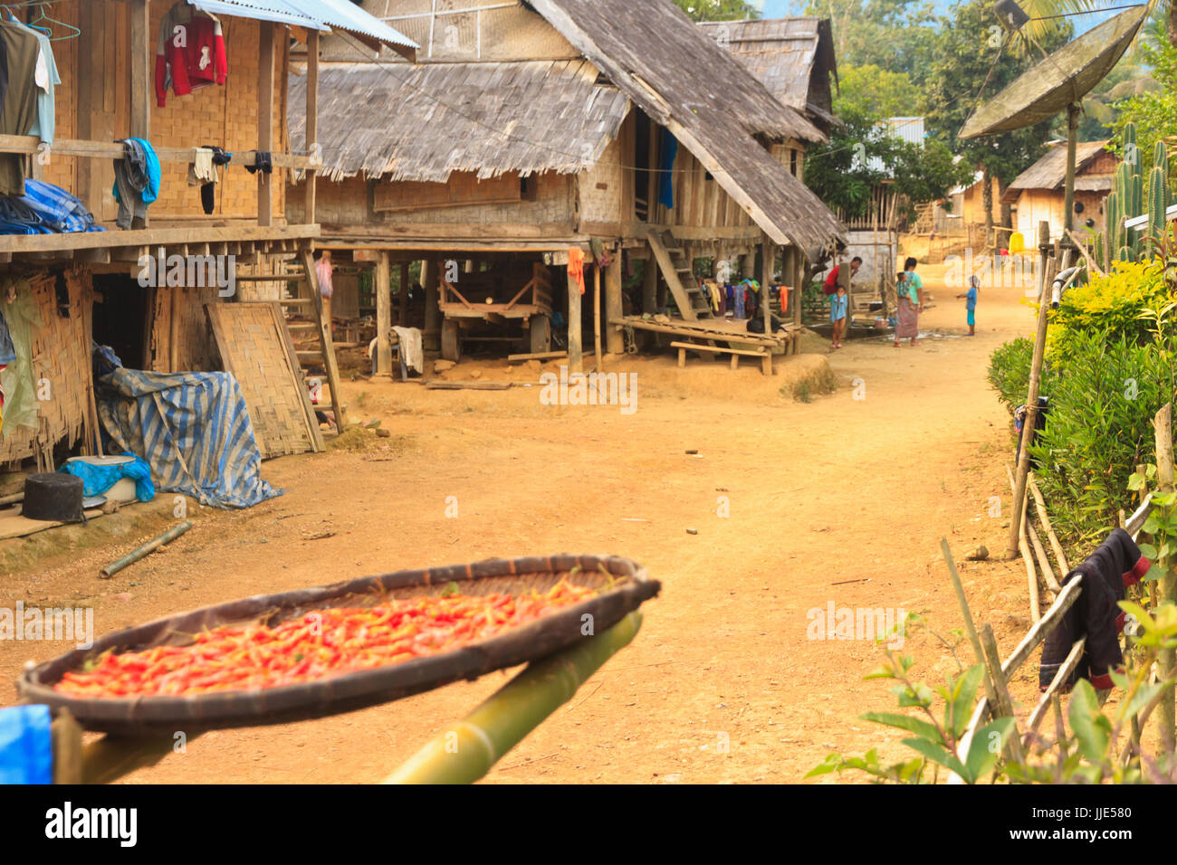 Local people in their daily life in the Small village - drying chilli ...