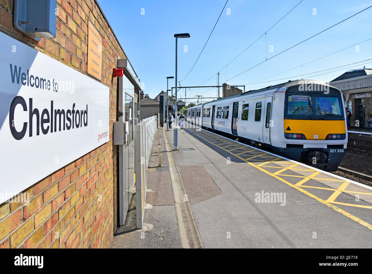 Chelmsford Essex train station platform welcome to Chelmsford sign with ...