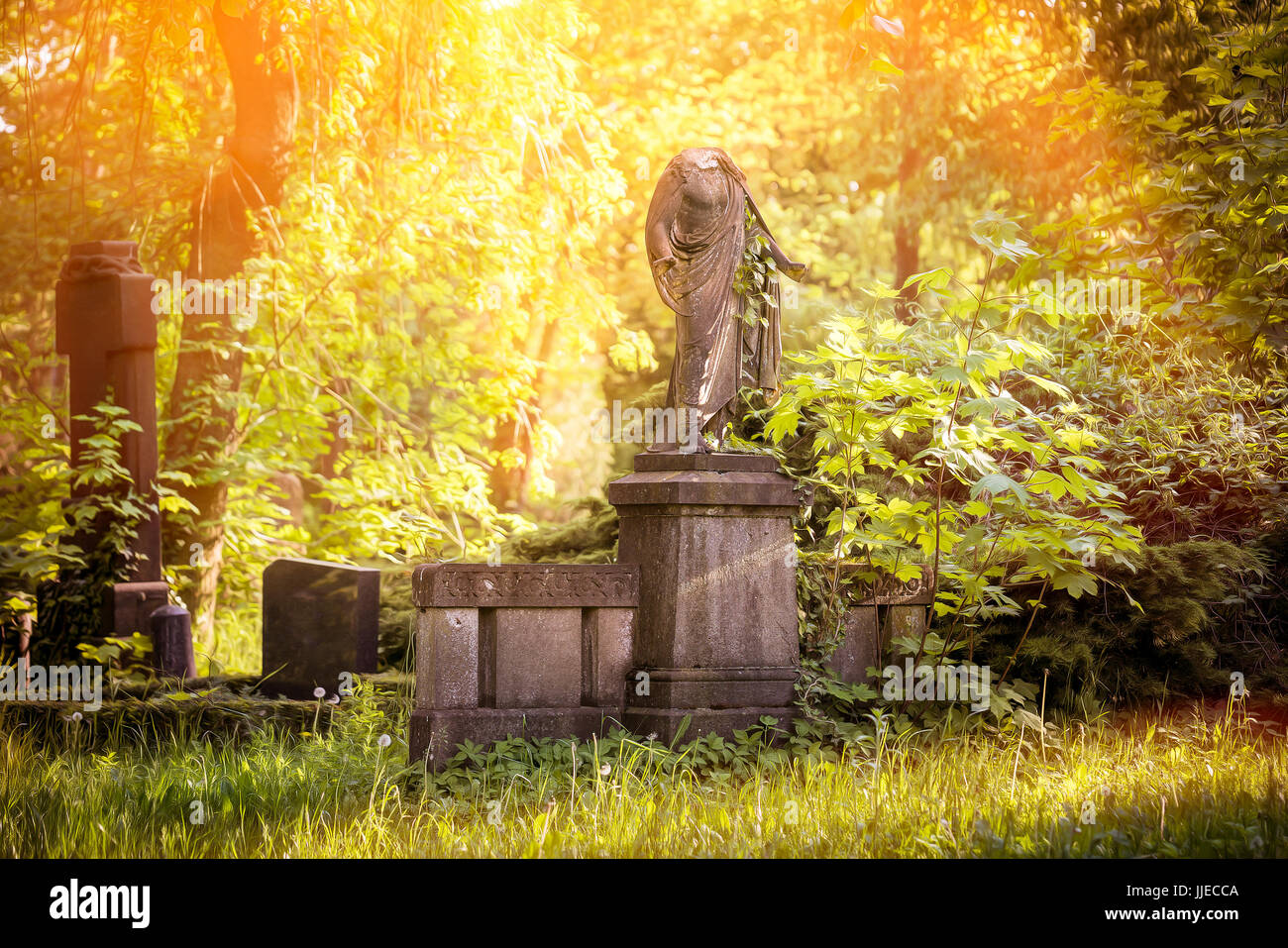old sculpture without head in beautiful nature. Unknown artist of the ...