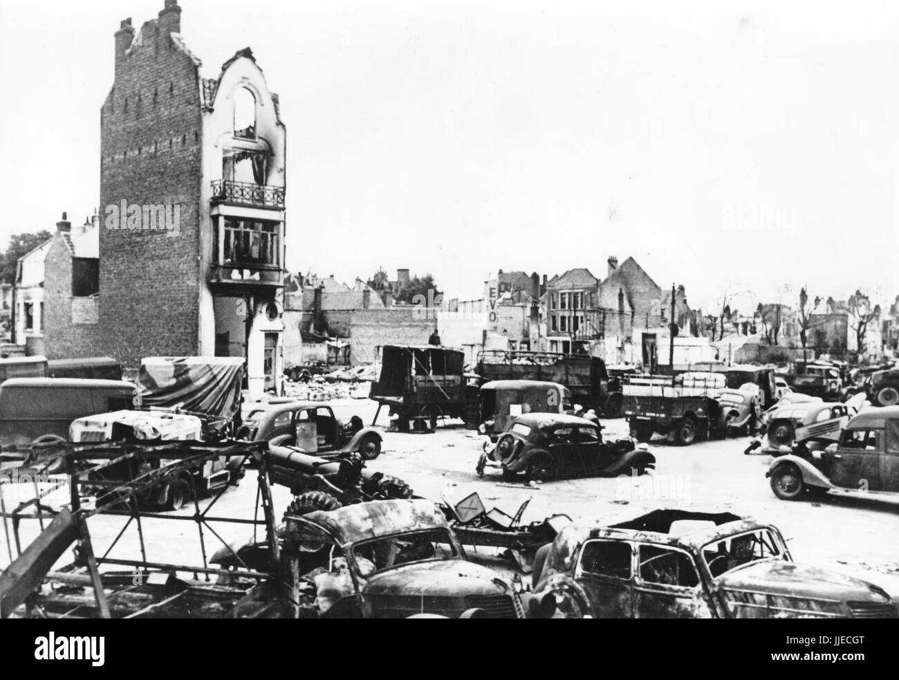 The Nazi propaganda image shows destroyed vehicles and residential ...