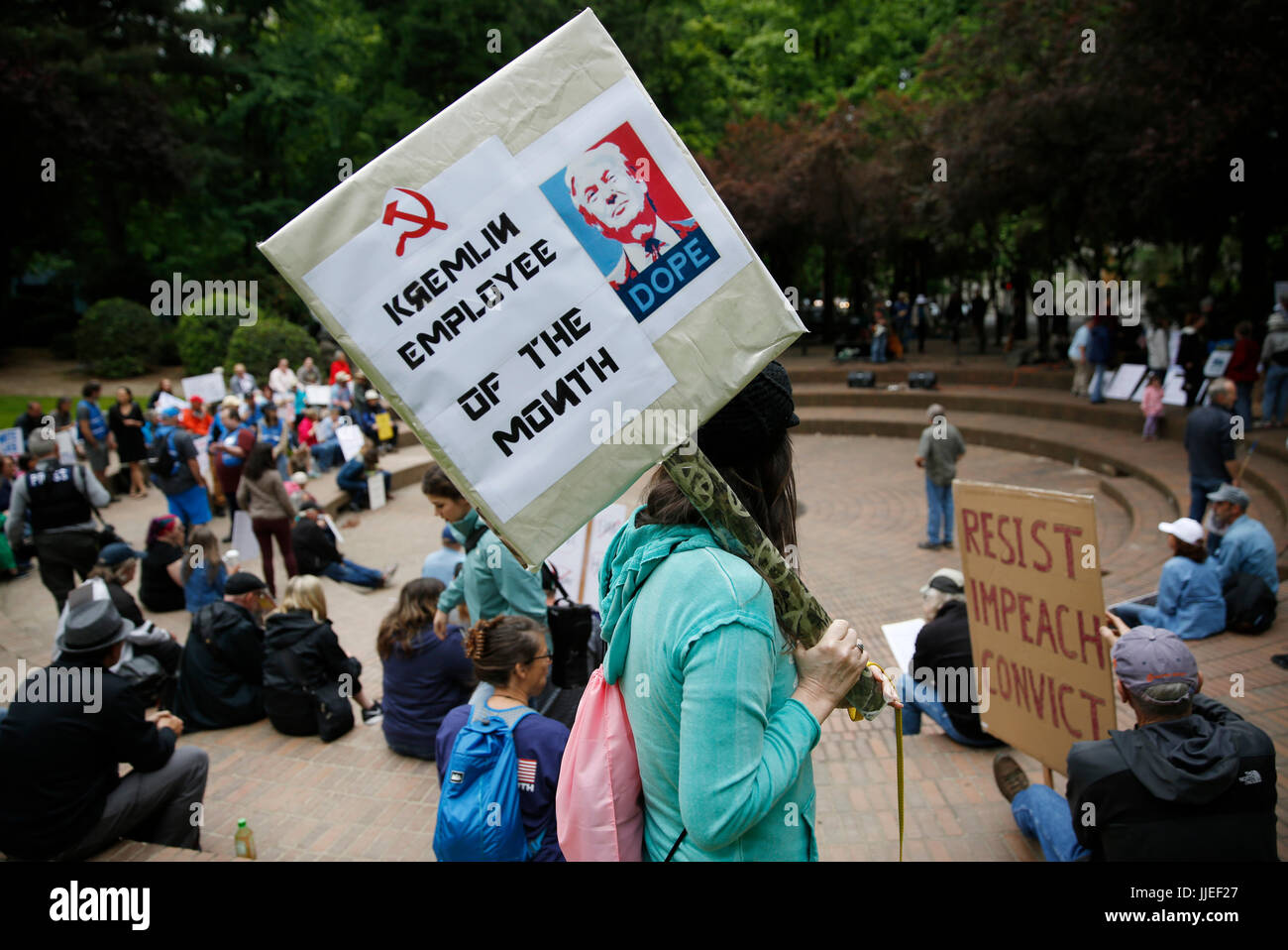 Kim Davis (52) of Portland, Oregon, protests against President Donald ...