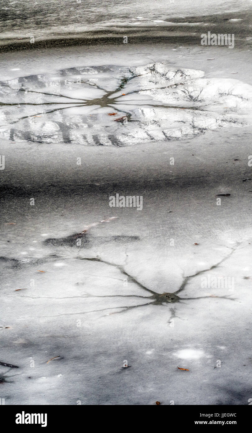 Cracking ice spots on lake in winter Central Park Stock Photo - Alamy