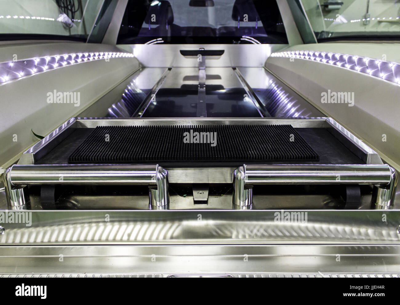 Interior of a car funerary to transport coffins, detail of transport of ...