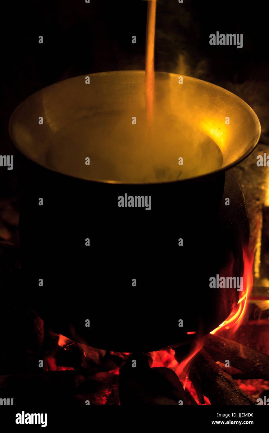 Big Pot on the camp fire in the evening. Spring mountains Stock Photo ...