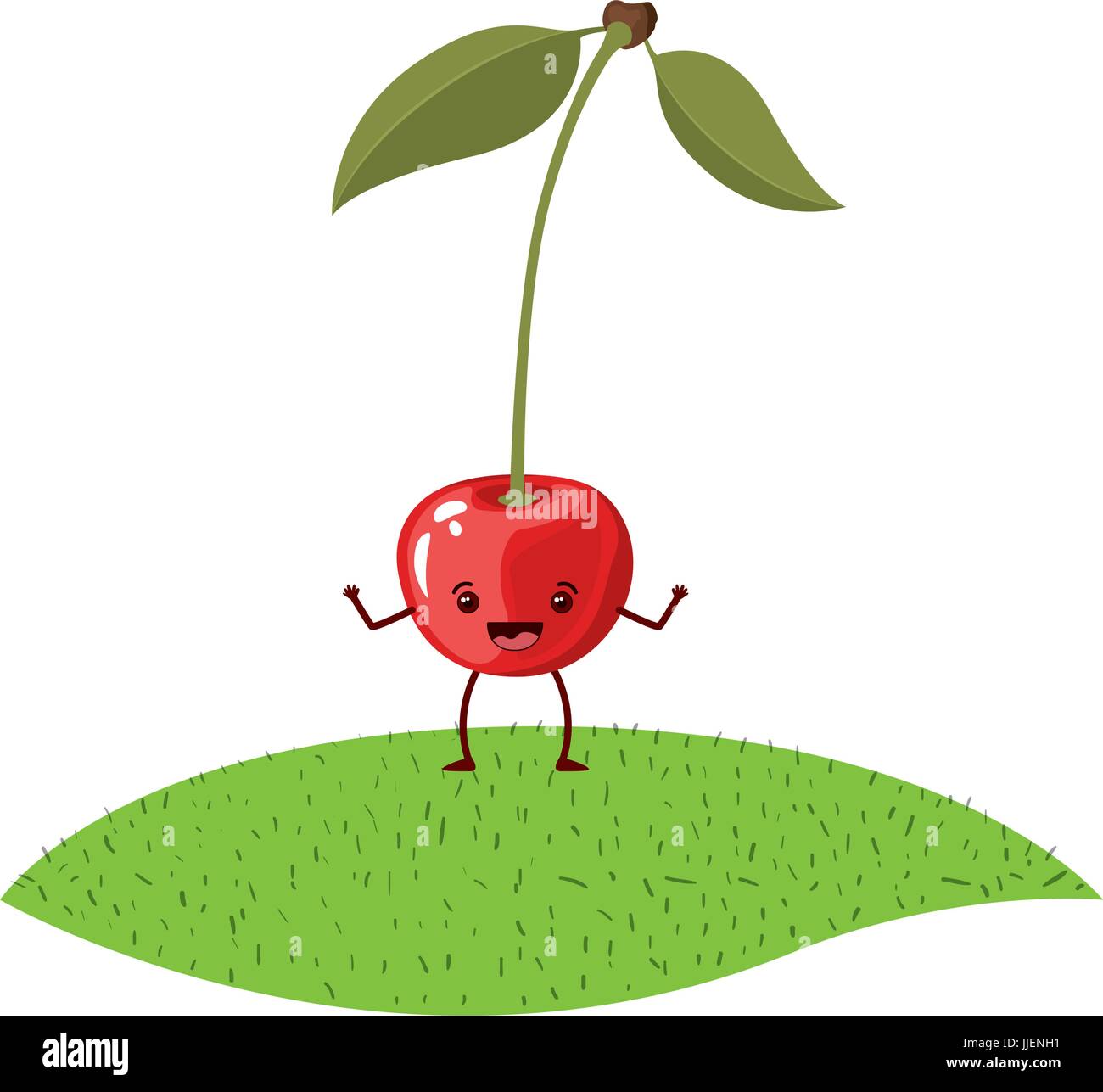white background of realistic cherry caricature with stem and leaves ...