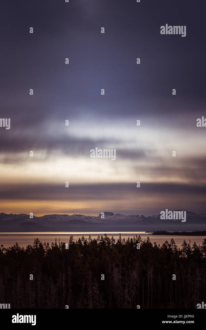 Sunrise over Yellowstone Lake, seen from West Thumb, Yellowstone ...