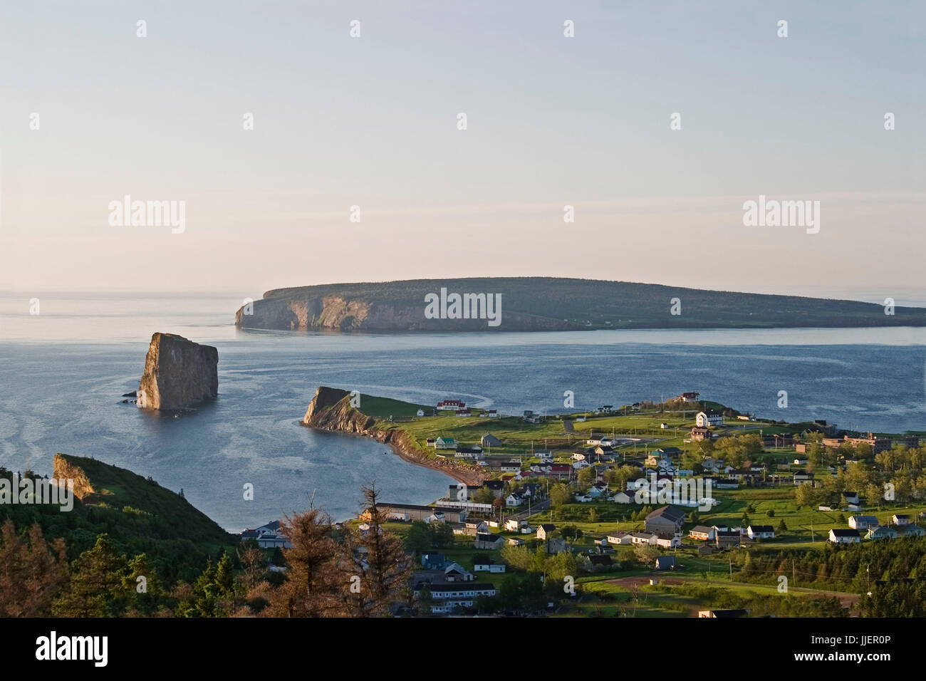 A View of Perce village and Perce Rock, Gaspe Stock Photo - Alamy