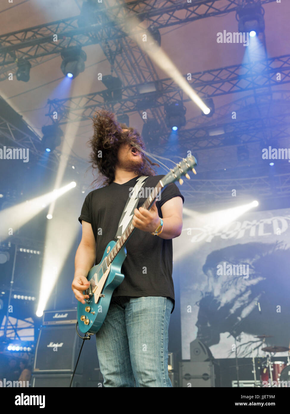 KIEV, UKRAINE - JULY 02, 2017: Ukrainian stoner rock band Stoned Jesus and its frontman and ...