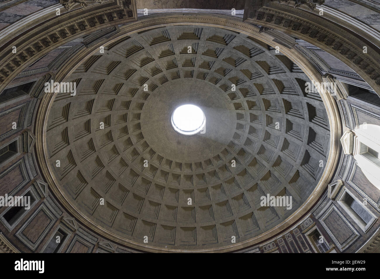 Dome of the Pantheon. Inside view. Ray of sunlight passing through a ...