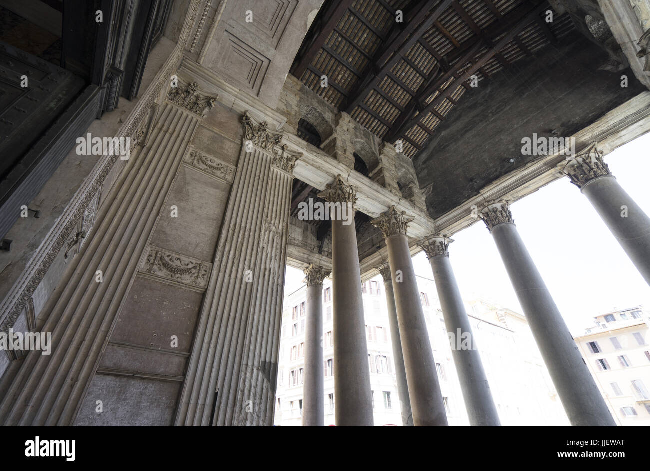 Pantheon in Rome. Close view thru walls and columns. Pantheon was built ...