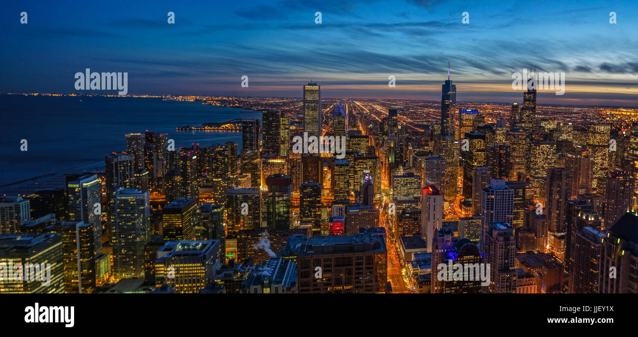 Chicago Skyline Sunset with Twilight Sky and Lake Michigan at Night ...