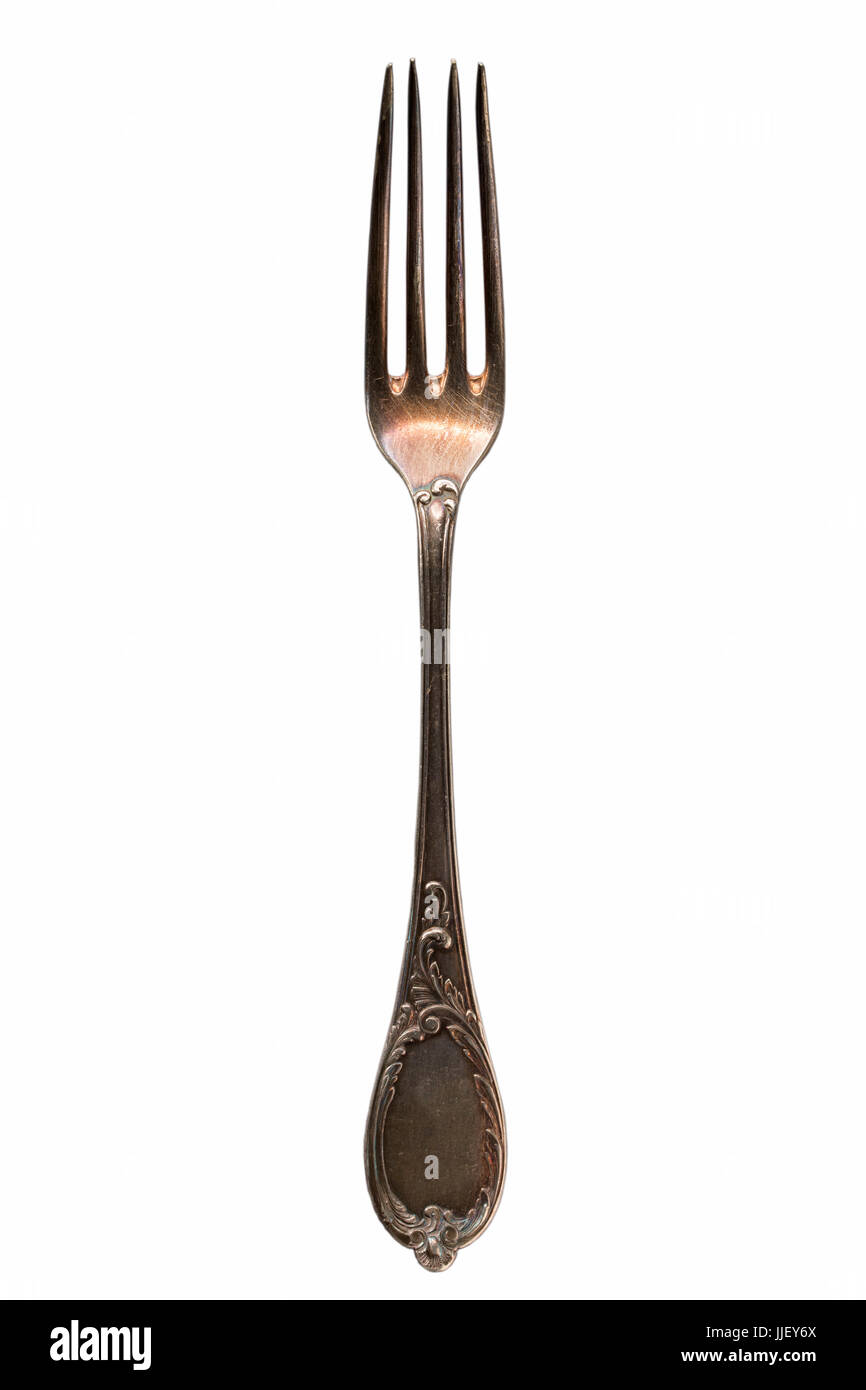 Single old antique cutlery fork isolated on white background, clipping ...