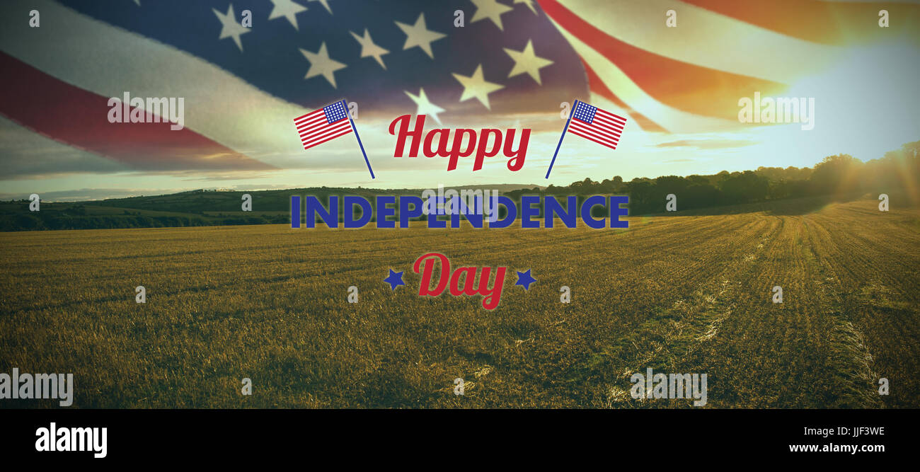 Happy Independence day text with American flags against view of the ...