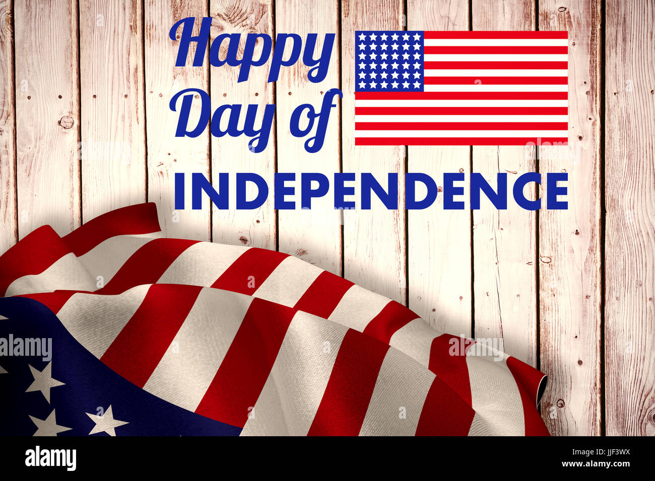 Happy independence day text with American flag against view of wooden ...