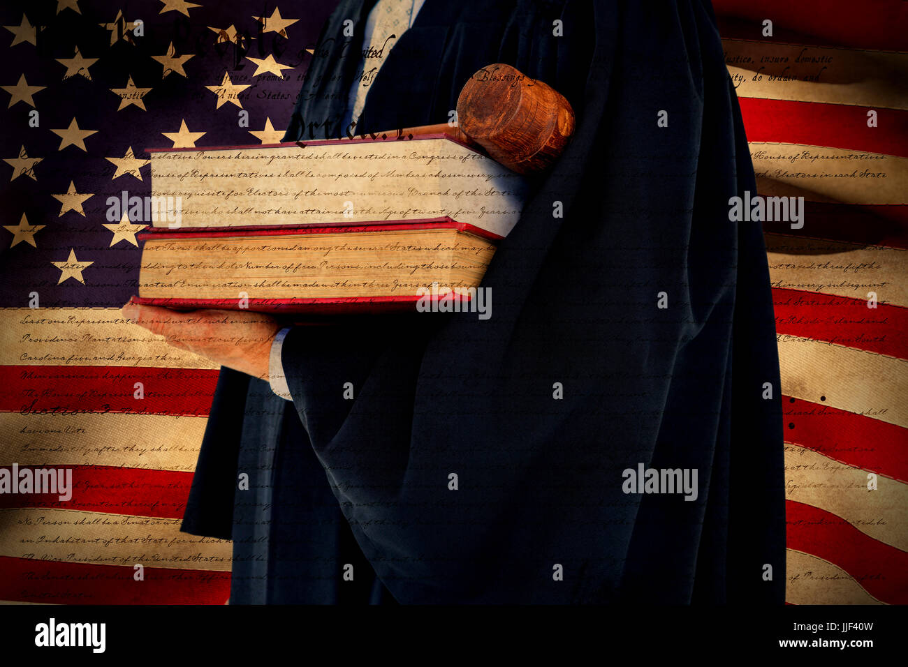 lawyer holding scales of justice against declaration of independence ...