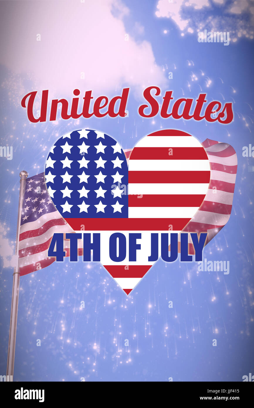 Digitally generated image of heart shape American flag with text ...