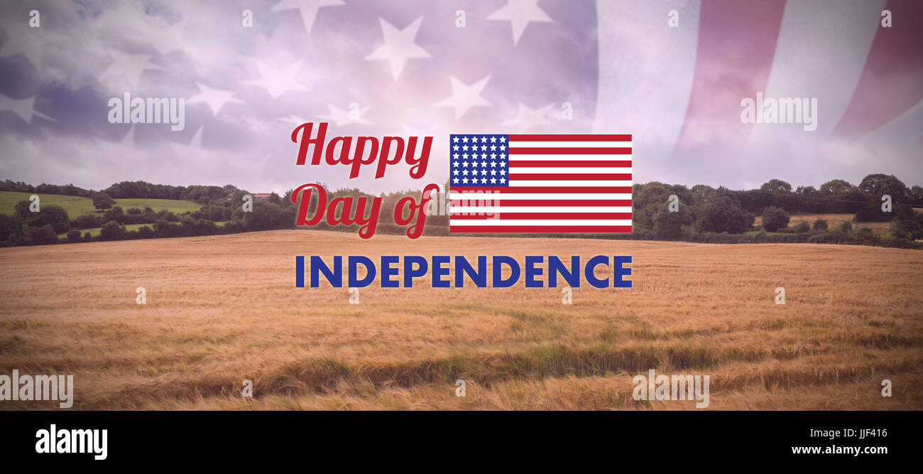 Happy independence day text with American flag against landscape of ...
