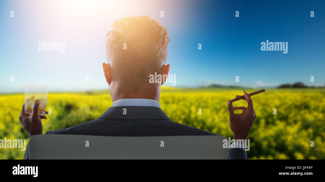 Rear View Of Businessman Holding Whisky Glass And Cigar Against Yellow