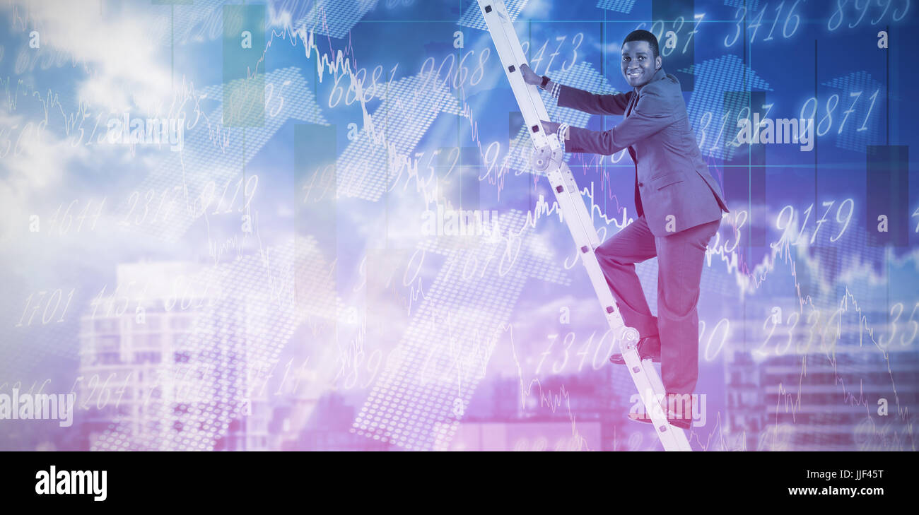 Businessman climbing up ladder against stocks and shares Stock Photo ...