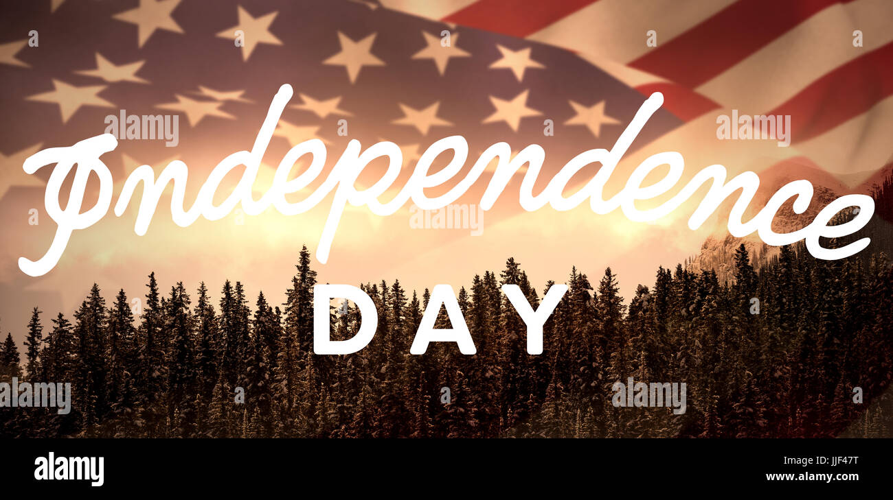 Independence day text against white background against pine trees in ...