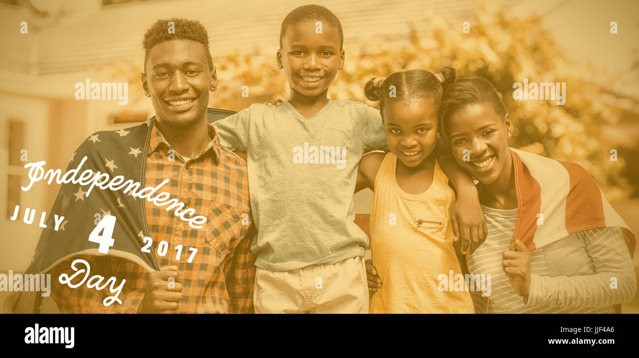 Digitally generated image of happy 4th of july message against portrait ...