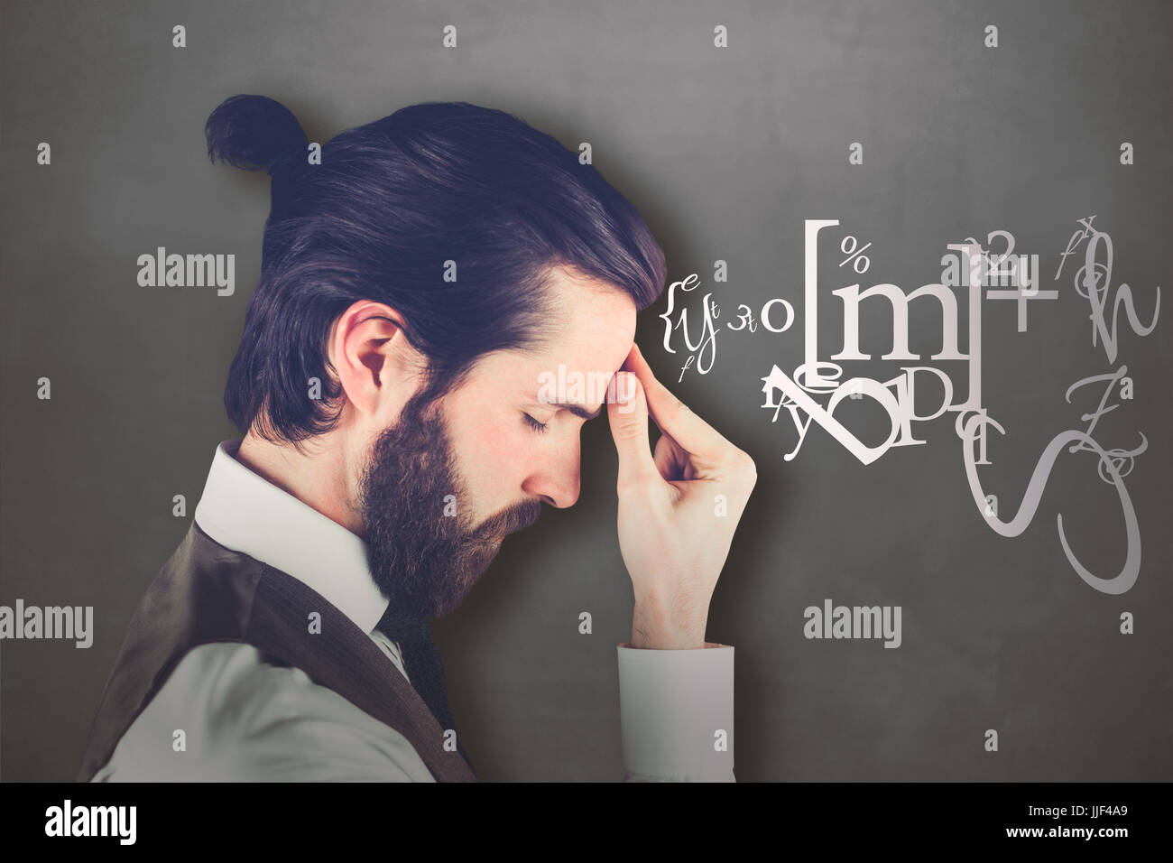 Side view of stressed businessman against green chalkboard Stock Photo ...