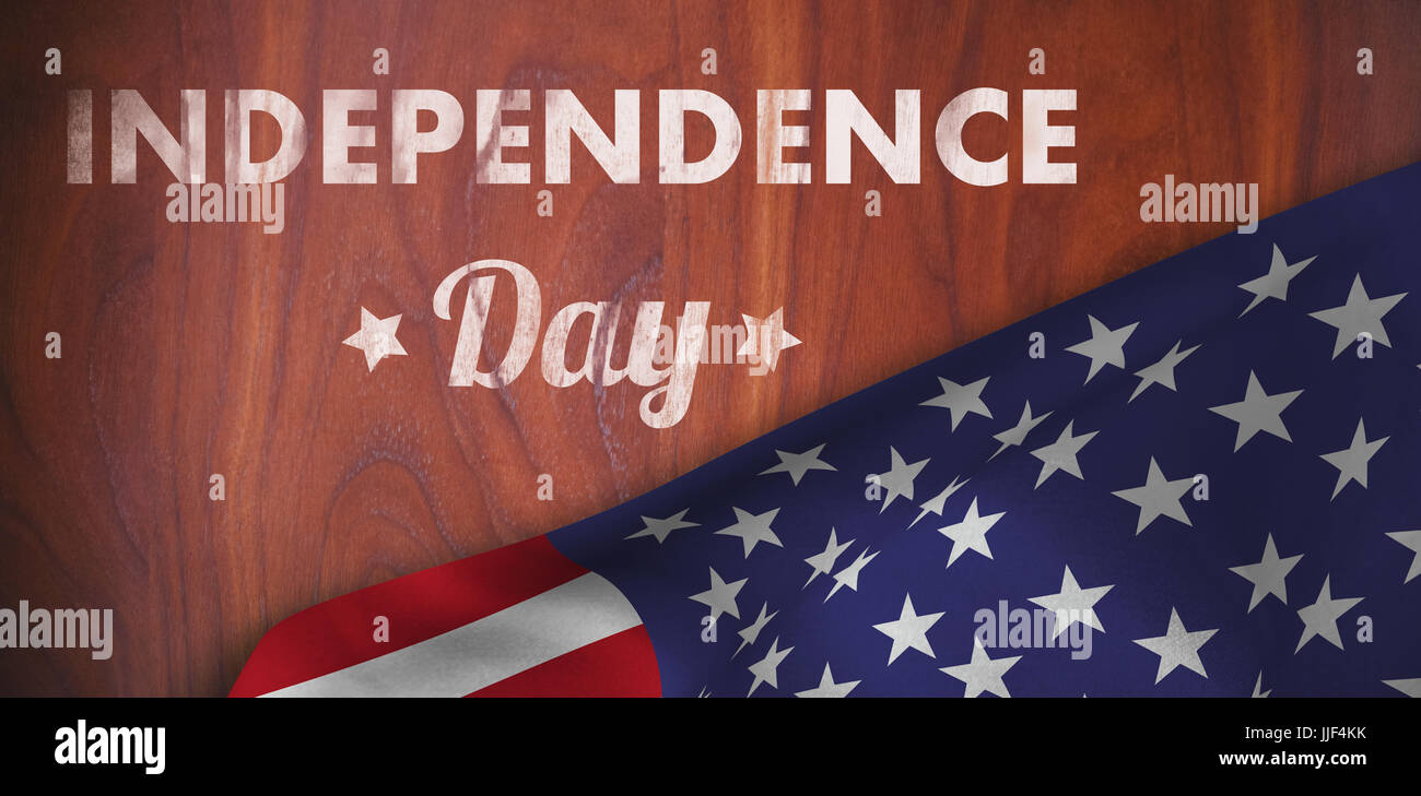 Happy Independence day text with American flags against wood background ...
