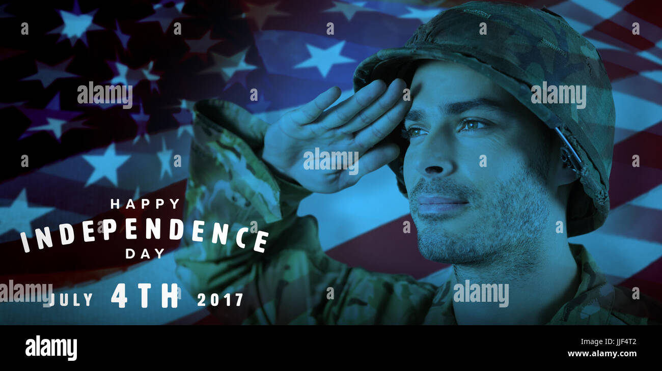 Close up of confident soldier saluting against waving flag of america ...