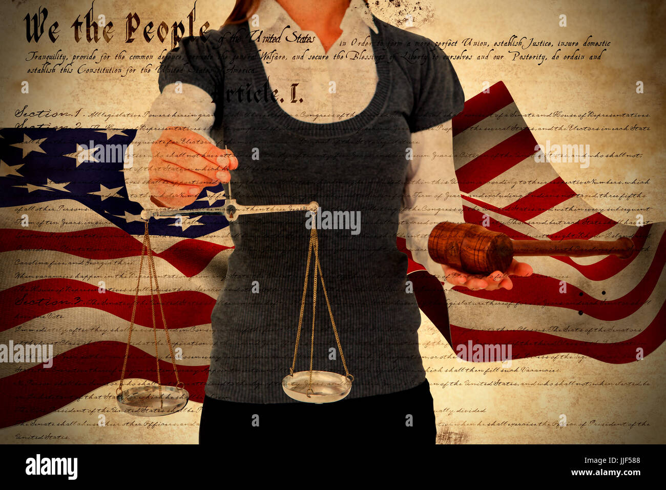 Woman holding a gavel and scales of justice against declaration of ...