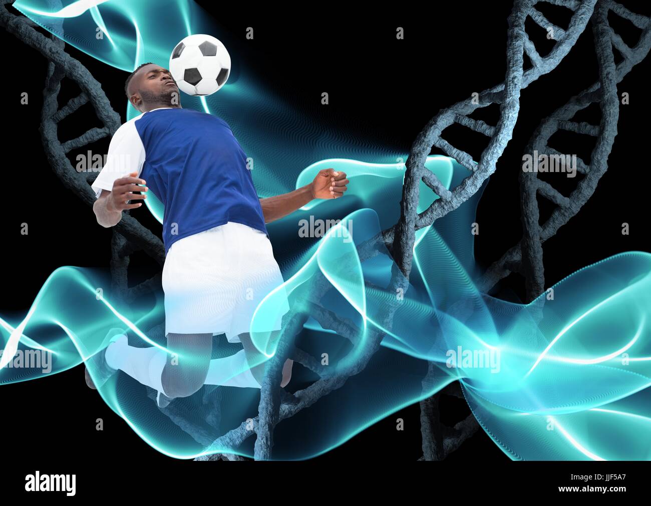 Digital composite of soccer player with ball and with stone dna chains ...