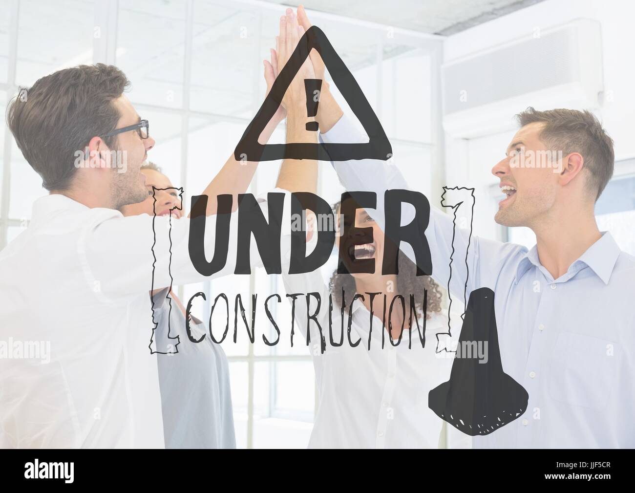 Digital composite of Team high fiving with black construction doodles ...