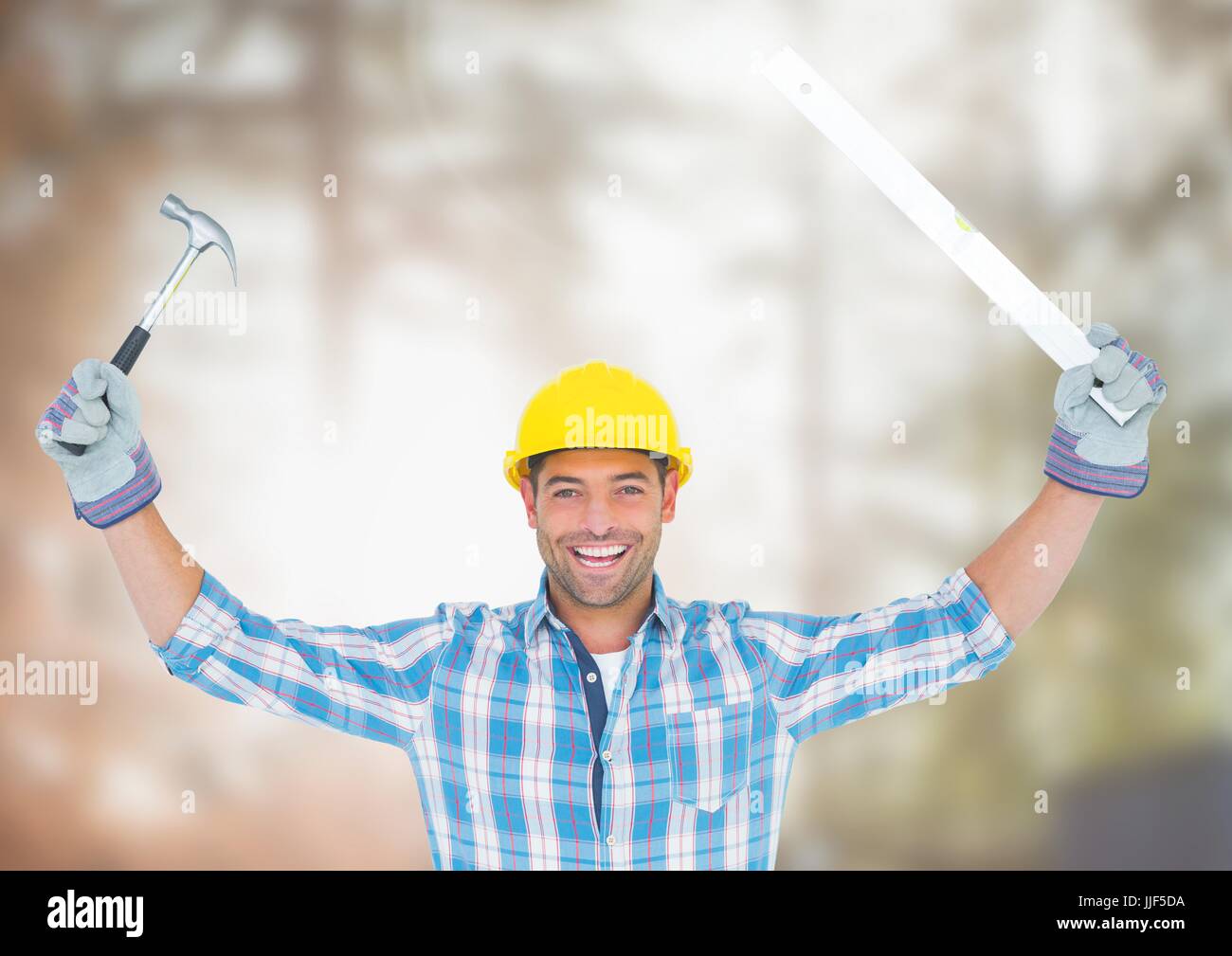 Digital composite of Construction Worker with tools in front of ...