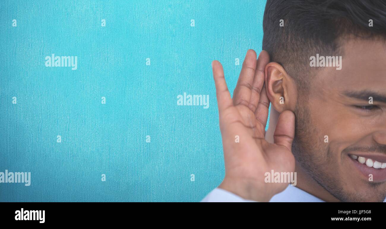 Digital composite of Smiling businessman listening gossip against ...