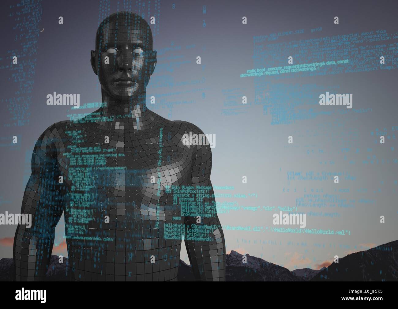 Digital composite of Blue code against black male AI and mountain tops ...