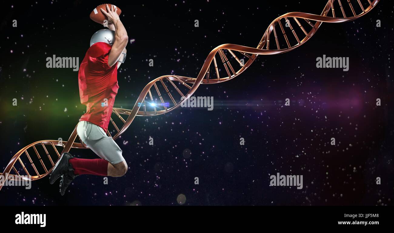 Digital composite of footballer jumping in the space with dna chain ...