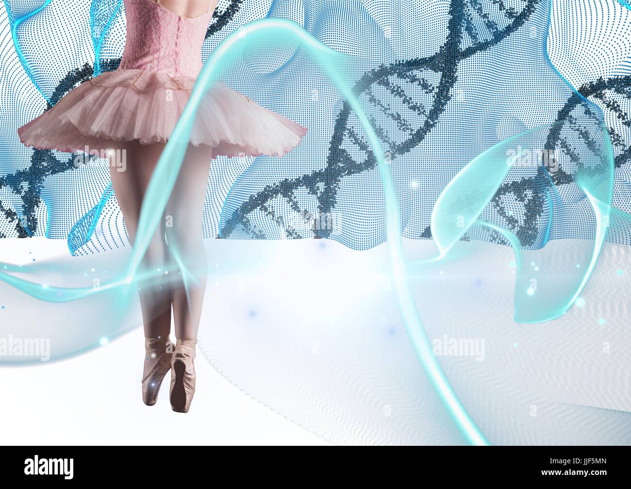 Digital composite of ballet dancer with blue lights and dna chains ...