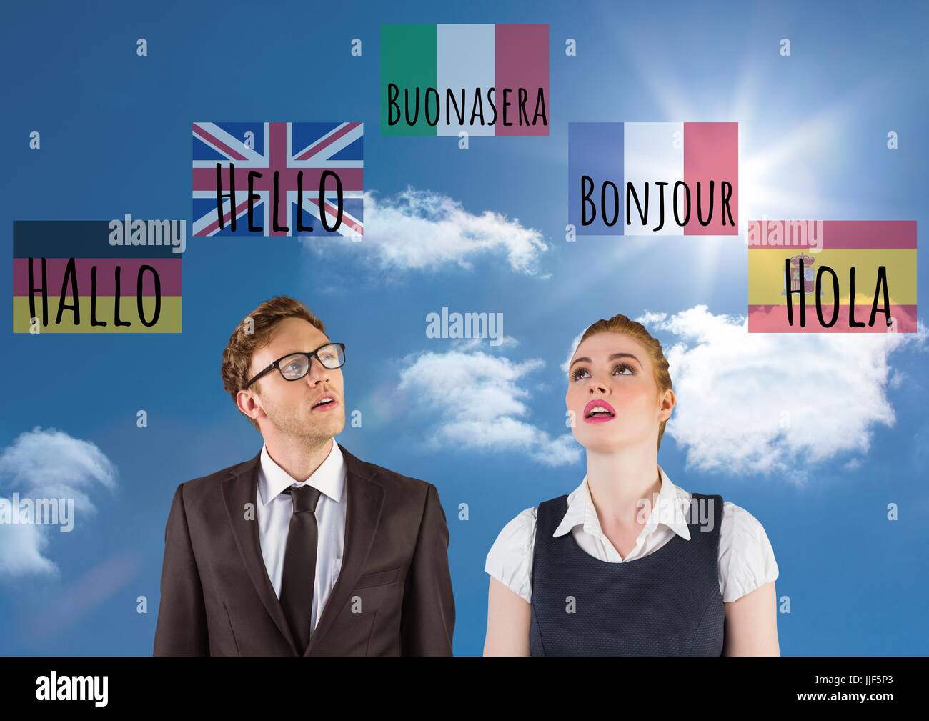 Digital composite of main language flags with waves around man and ...