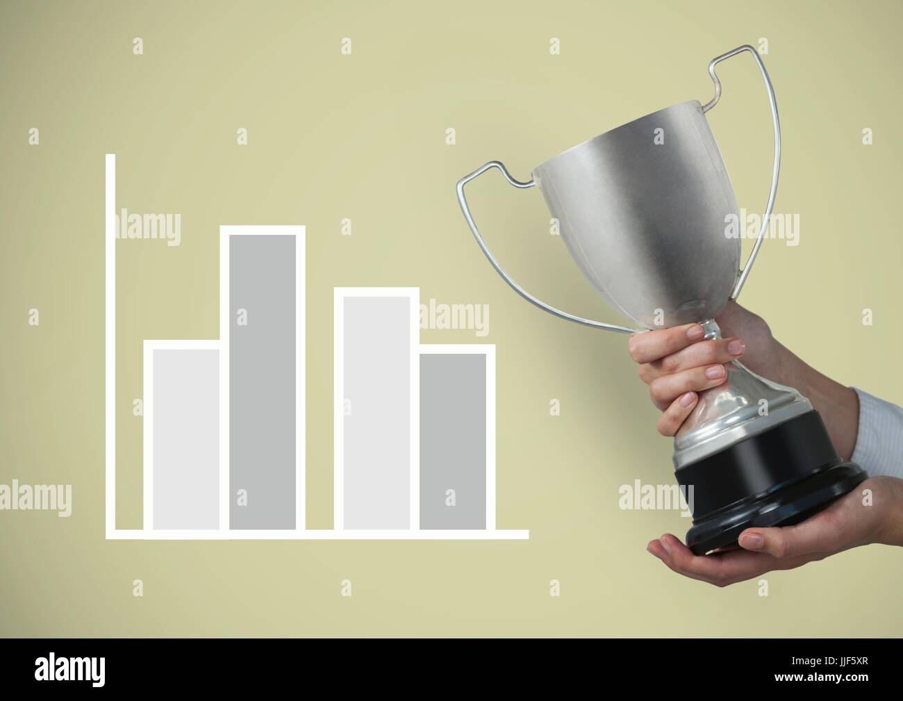 Digital composite of Cropped image of hand holding trophy by graph ...