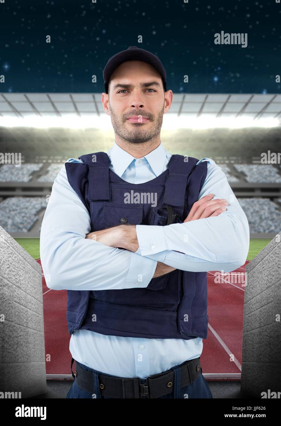 Digital composite of security guard of the football field, hand folded ...