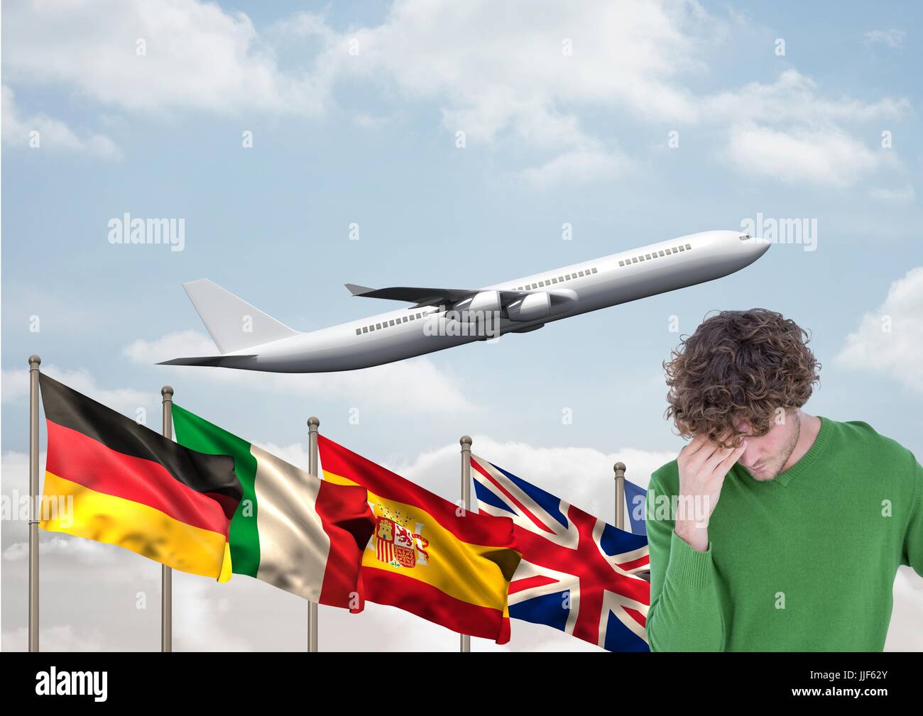 Digital composite of main language flags behind young man. Plane behind ...