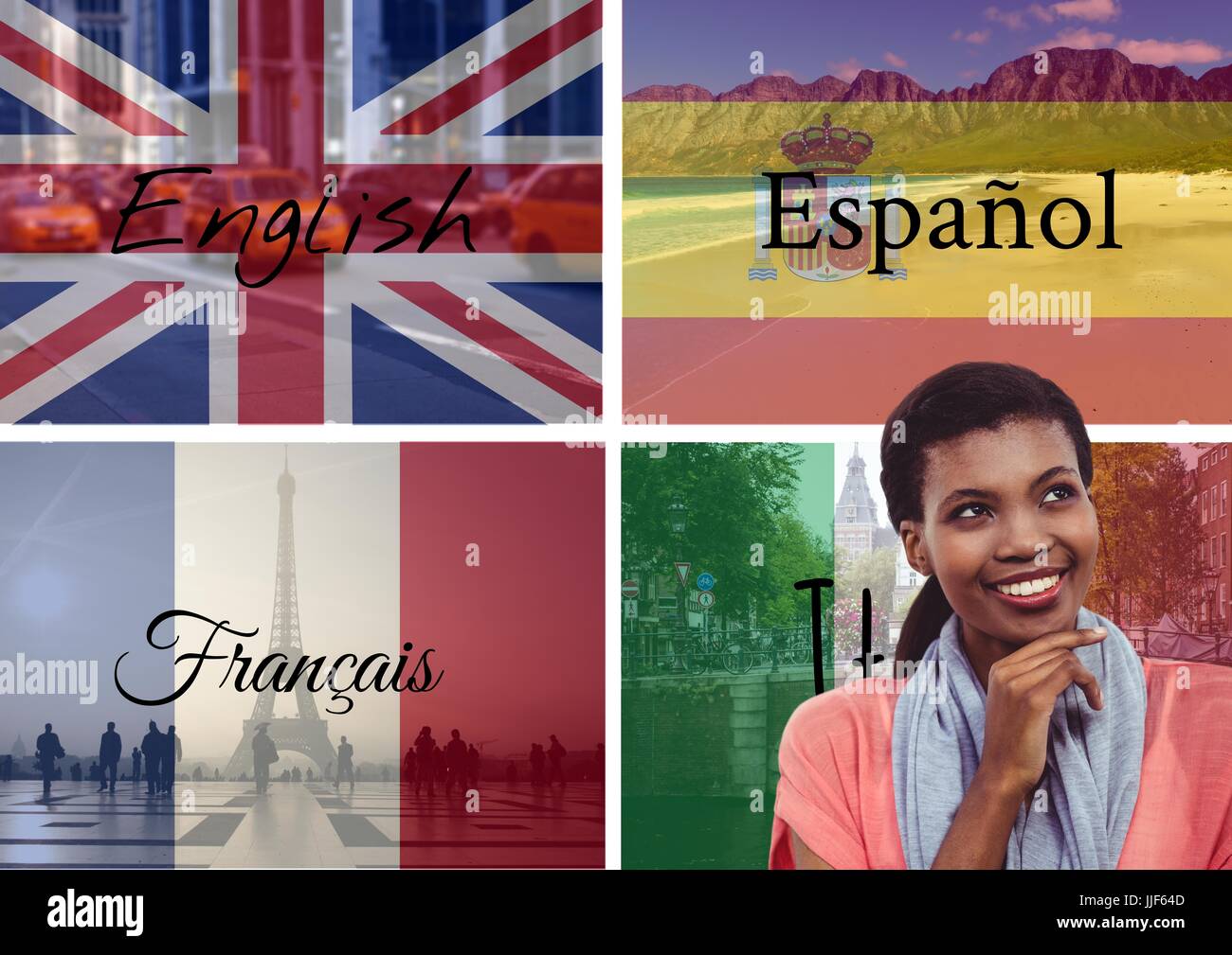 Digital composite of main language flags with opacity superimposed with ...
