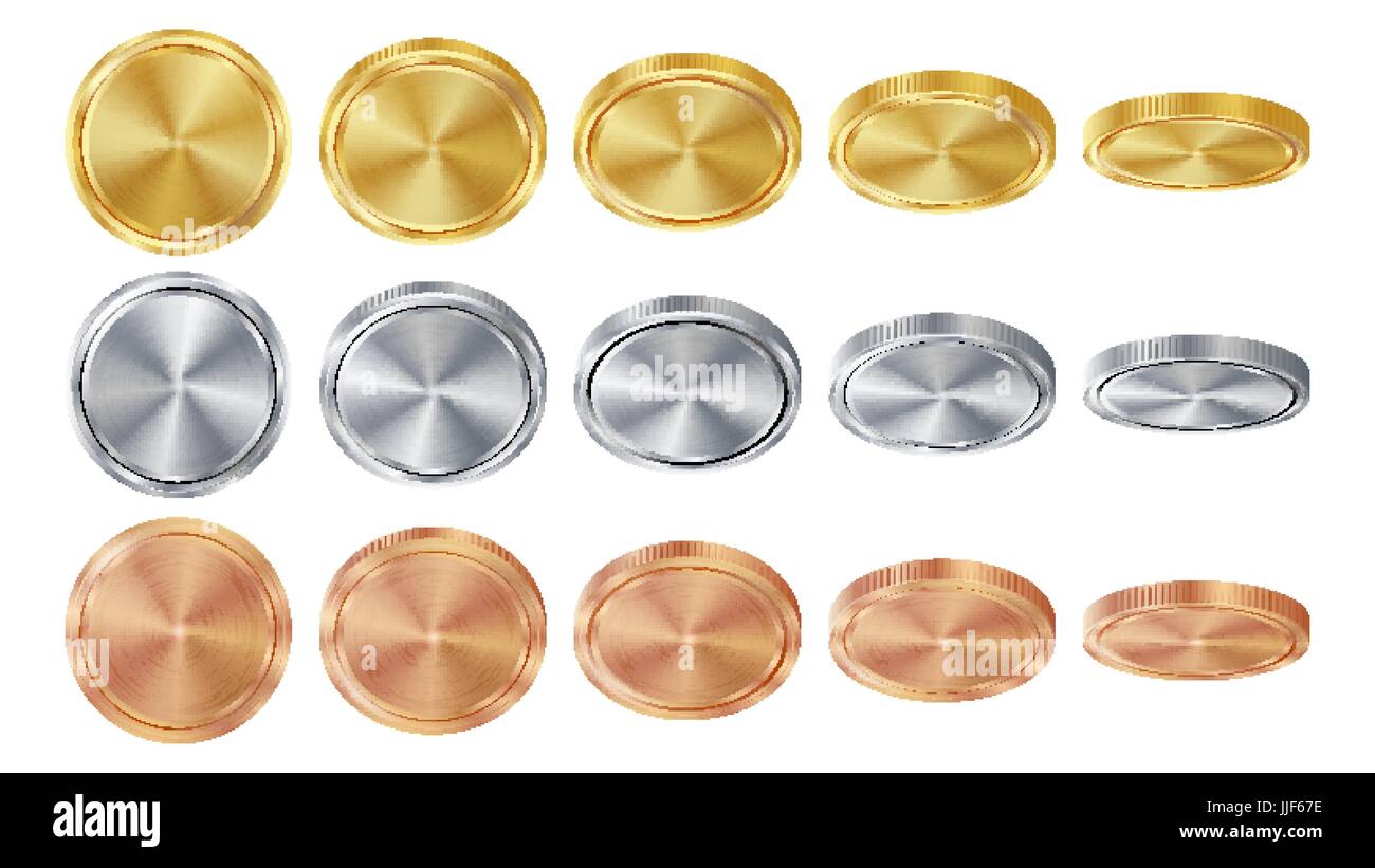 Empty 3D Gold, Silver, Bronze Coins Vector Blank Set. Realistic ...